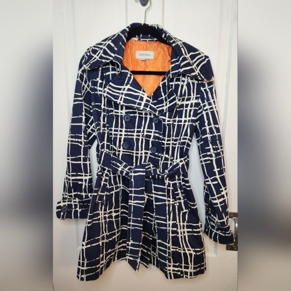 Merona Blue/White Geometric Lined Trench Coat Size Sm… - Gem